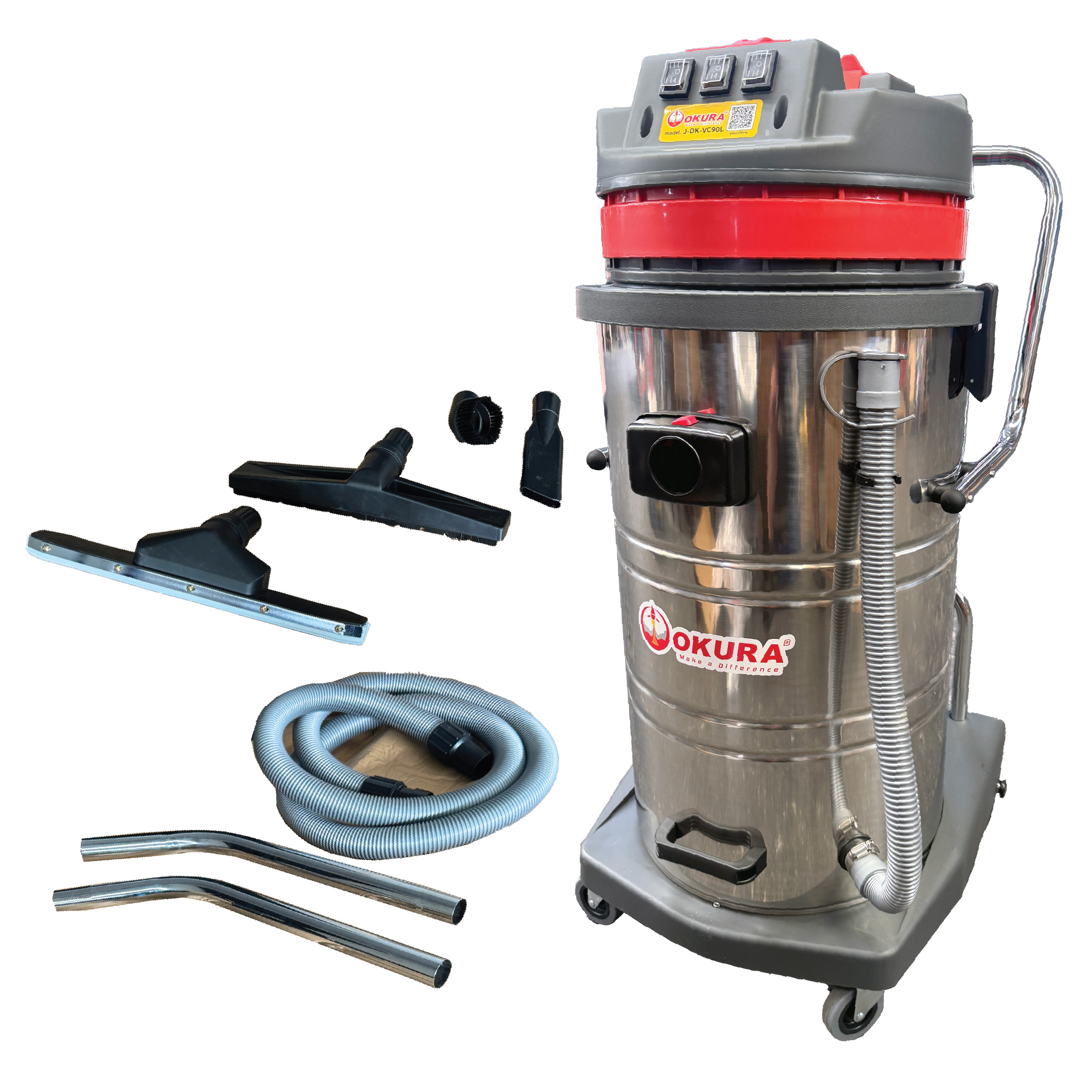 เครื่องดูดฝุ่น แห้ง-เปียก 90 ลิตร - 3 มอเตอร์ - ถังสแตนเลส - BJ Machine Tools